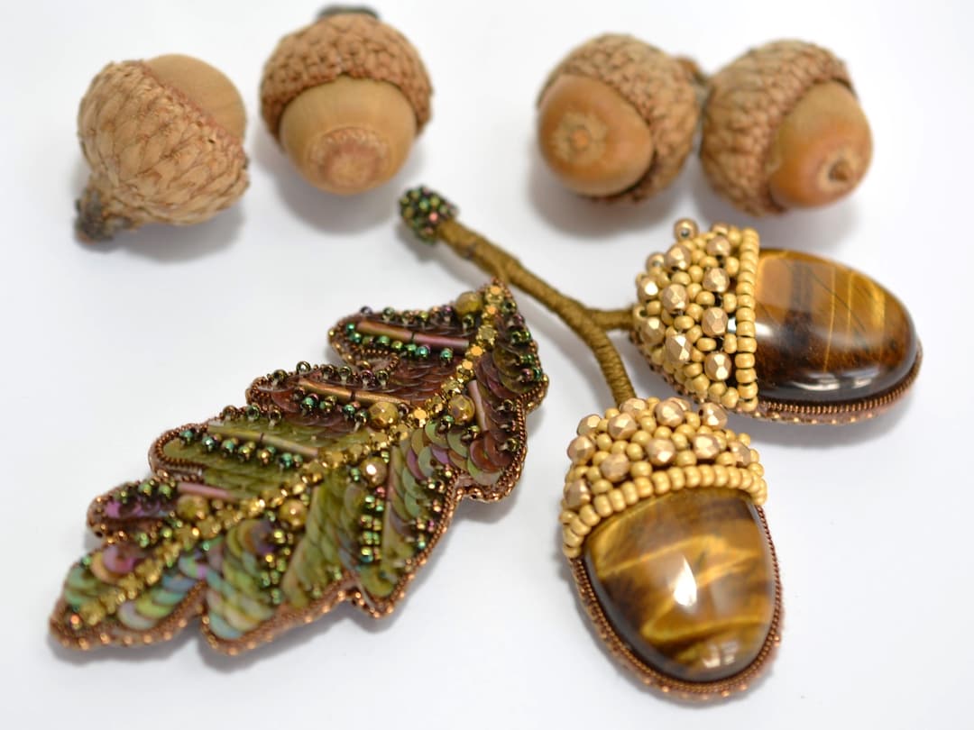 Kit + Zoom Beading Class Acorn Branch , Virtual Beading Class, Bead Embroidery and Sequins Work ...