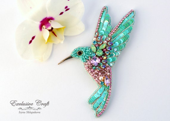 Bead Embroidered Hummingbird Brooch Turquoise Hummingbird Brooch Purple Hummingbird Brooch Unique Hummingbird Pin Hummingbird Jewelry Etsy