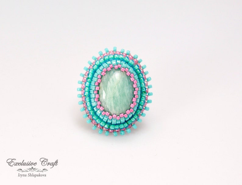 Bead Embroidered Ring With Amazonite, Handmade Beaded Light Blue Ring ...