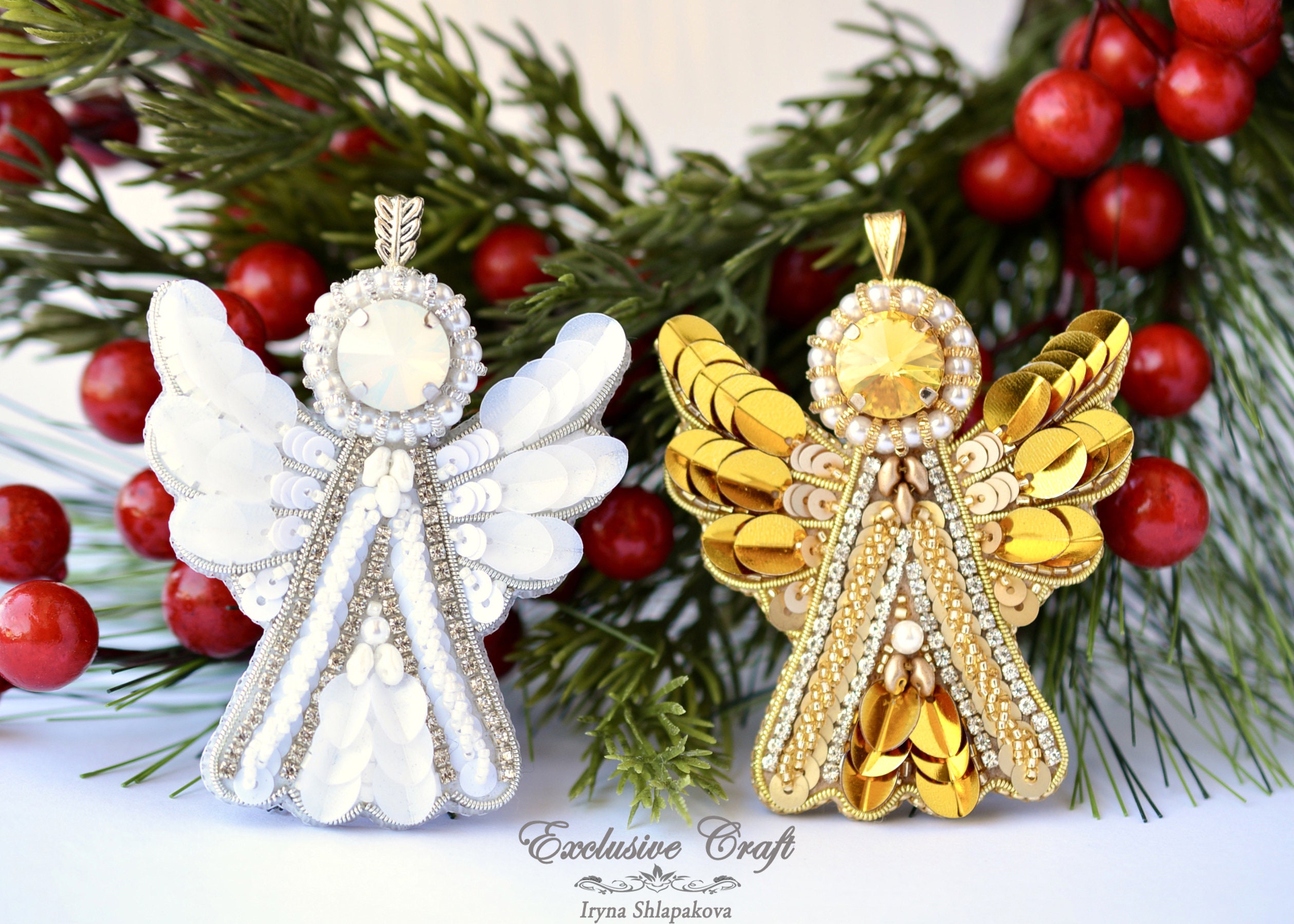 Bead Embroidered Snow Angel Pendant/christmas Ornament, Gold White ...