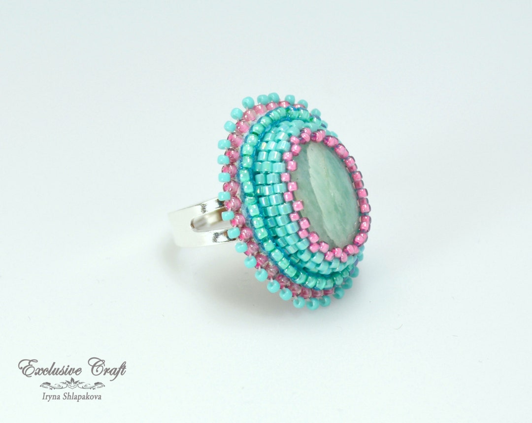 Bead Embroidered Ring With Amazonite, Handmade Beaded Light Blue Ring ...