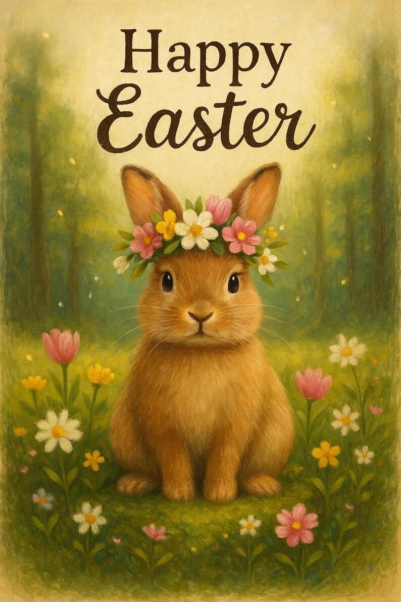 Happy Easter Bunny Card Printable – 5x7 Instant Download | Cute Watercolor Bunny With Watering ...