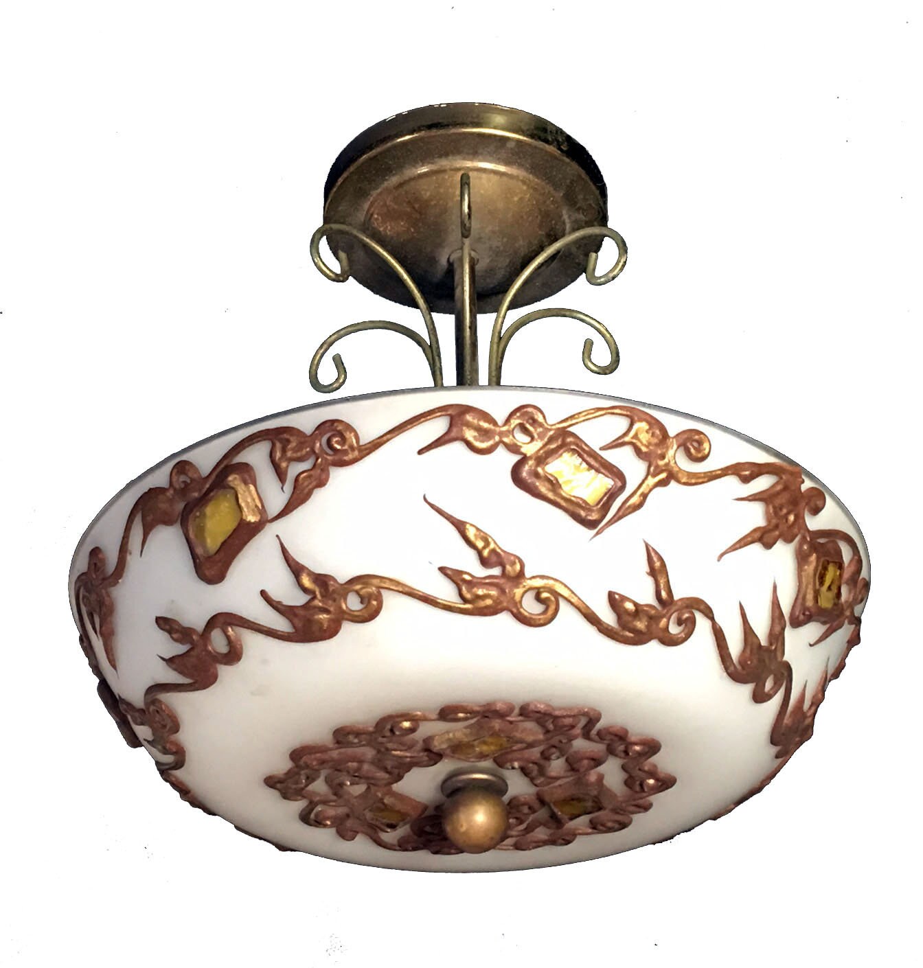ANTIQUE vintage ceiling light fixture, glass ceiling shade with 4 ...