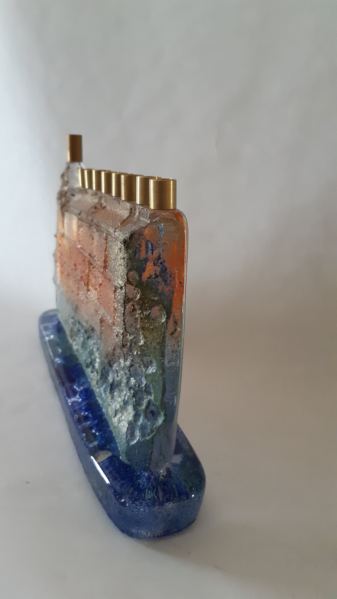 Menorah, Hanukkah, 9 Branches Candleholder. Sand Casted Glass With a ...