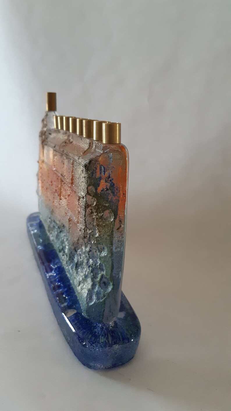 Menorah, Hanukkah, 9 Branches Candleholder. Sand Casted Glass With a ...
