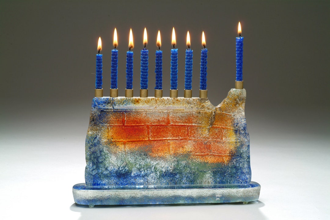 Menorah, Hanukkah, 9 Branches Candleholder. Sand Casted Glass With a ...