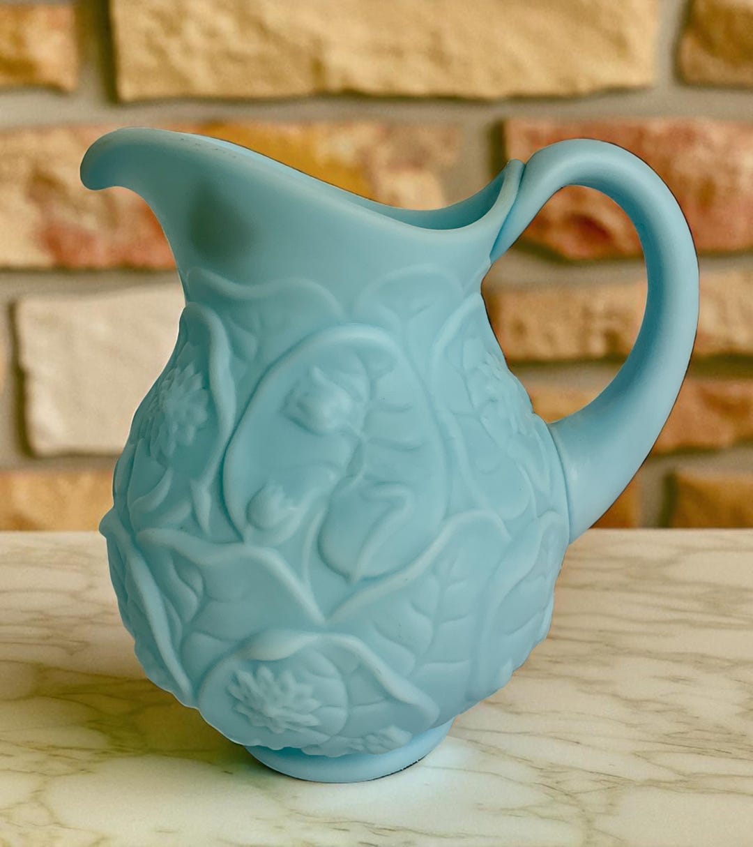 Fenton WATER LILY Pitcher Blue Satin Glass 8464 Embossed Pattern - Etsy