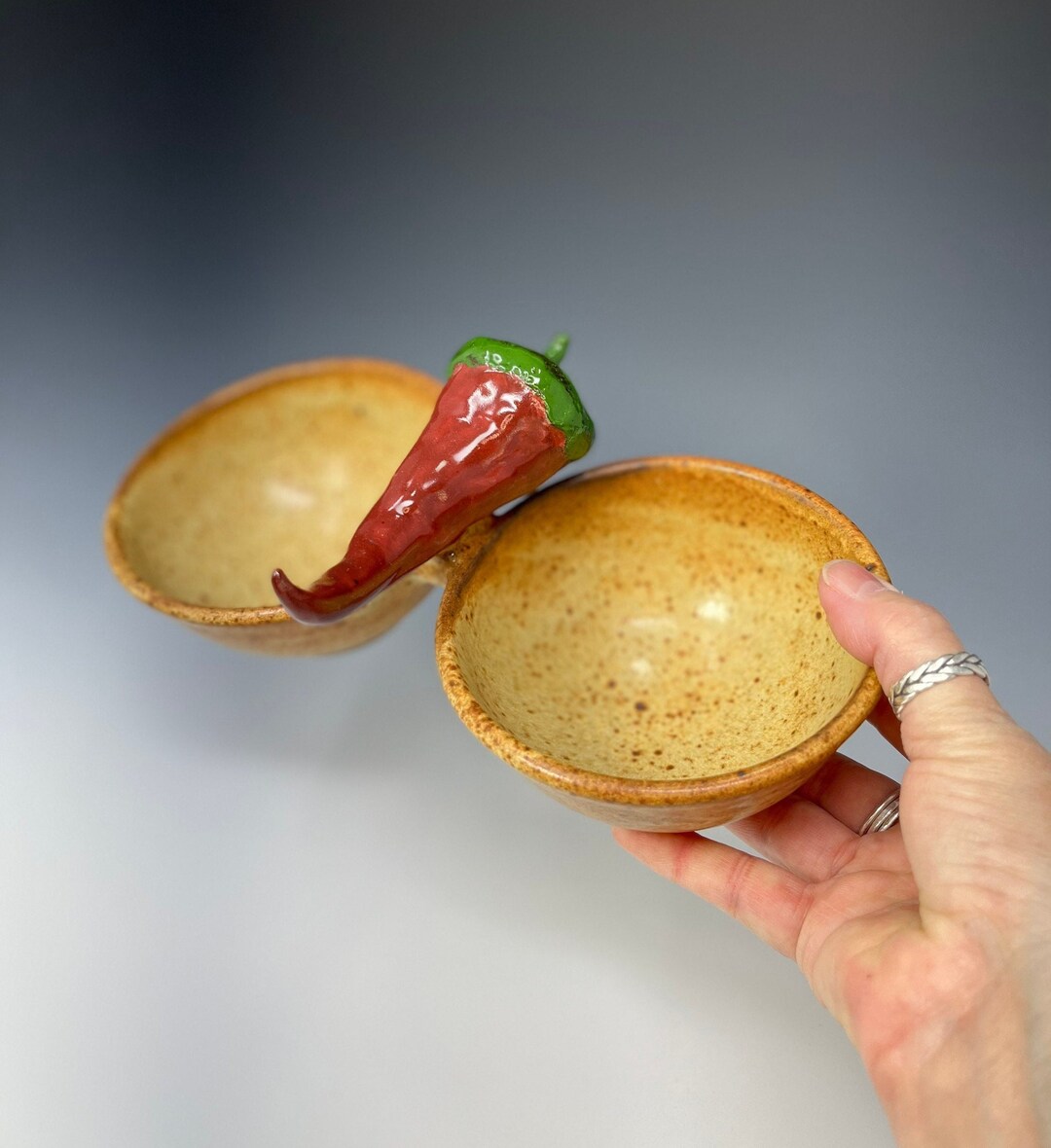 Chili Pepper Salsa Serving Dish Tan/orange Ceramic 2 Section Dip ...