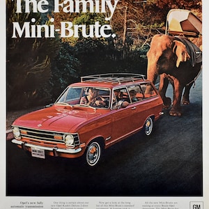 Vintage 1969 Opel Kadett Car Ad, Mini Brute Wagon, Elephant Towing a ...