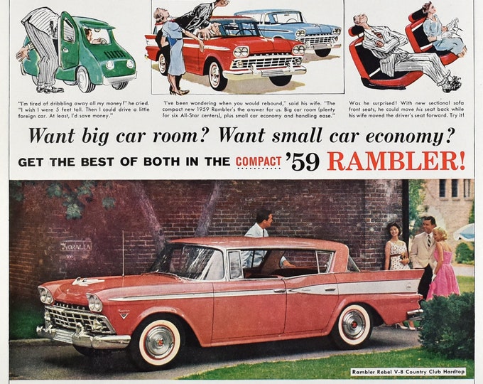 1959 Nash Rambler Car Ad, Rambler Rebel V-8 Vintage Auto Ad, Basketball ...