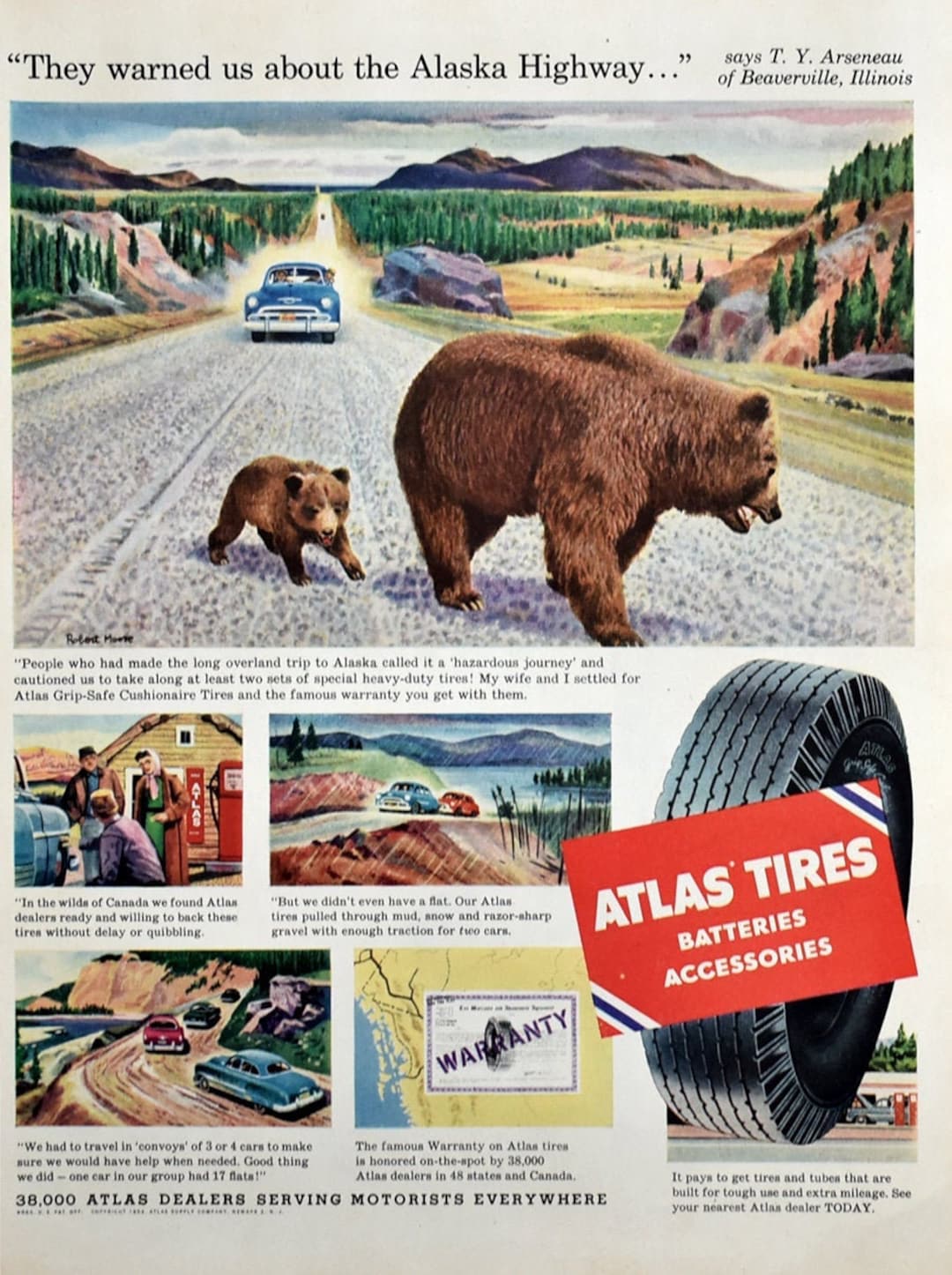 1954 Atlas Tires Ad, Grizzly Bear Cub, Alcan Highway, Retro Advertising ...