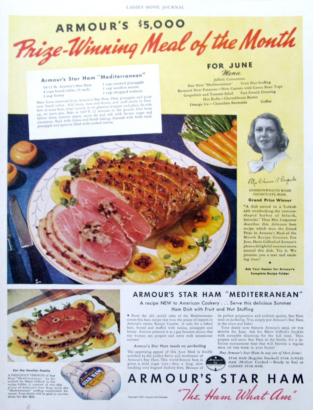 1937 Armour's Star Ham Ad 1930s Food Ads Retro Dining Room Decor Gift ...