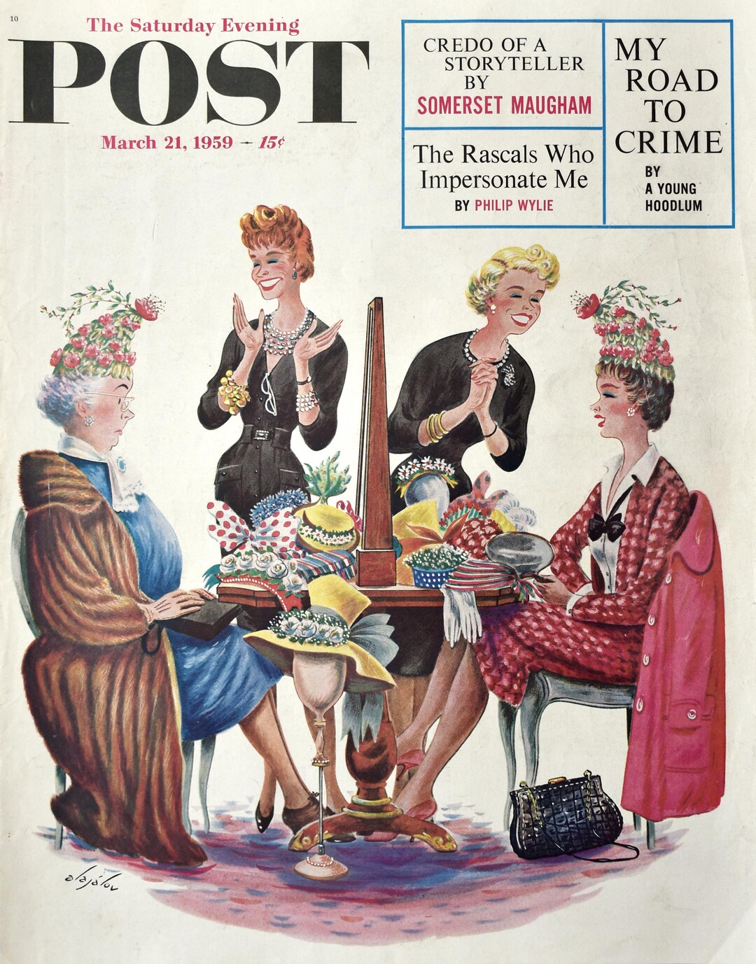 1959 Saturday Evening Post Cover, Women Hat Shopping, Millinery Shop ...