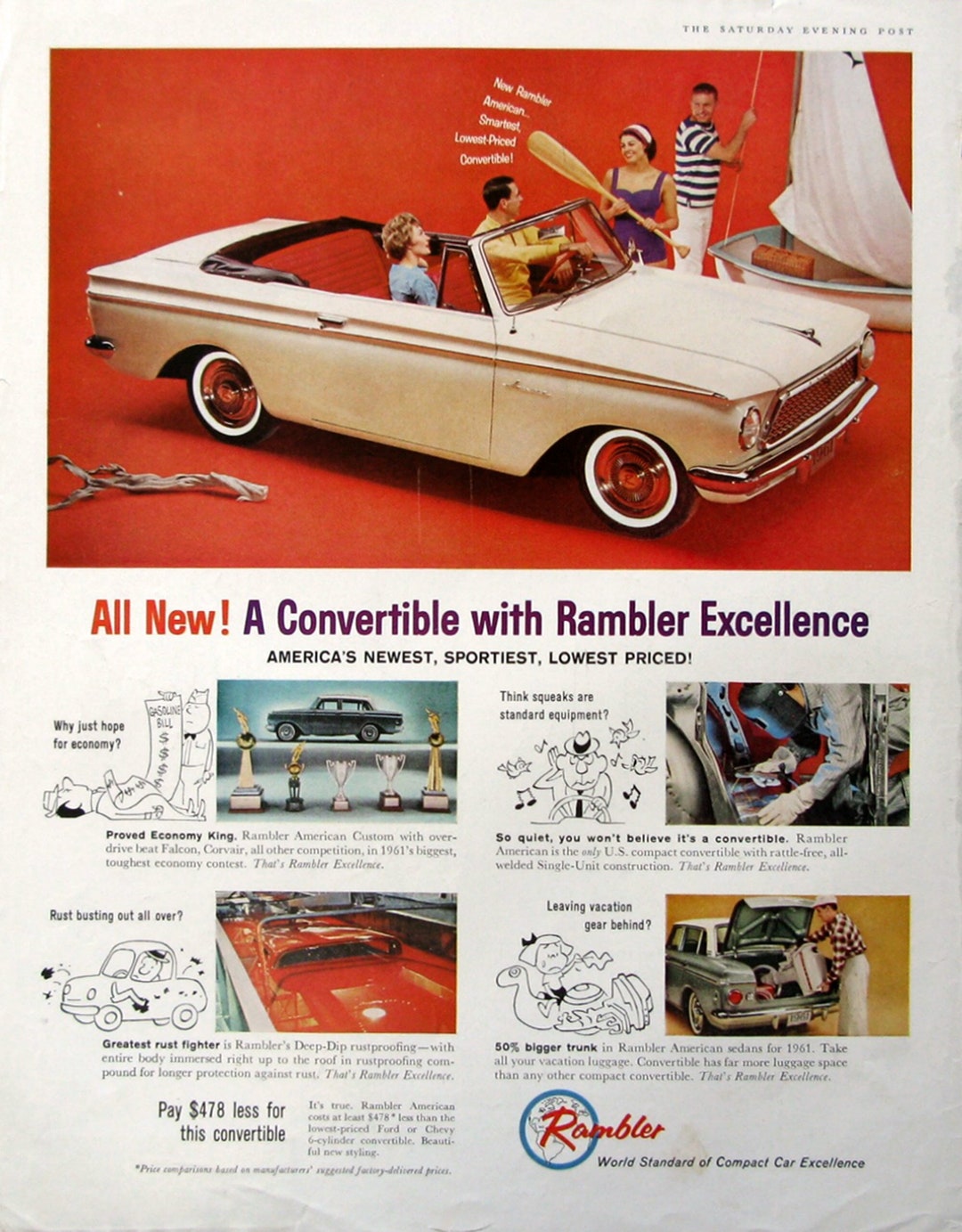1961 Rambler Convertible Vintage Ad, Orange & White Retro Car Ad, 1960s ...