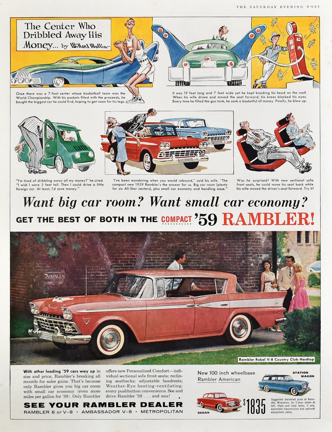 1959 Nash Rambler Car Ad, Rambler Rebel V-8 Vintage Auto Ad, Basketball ...