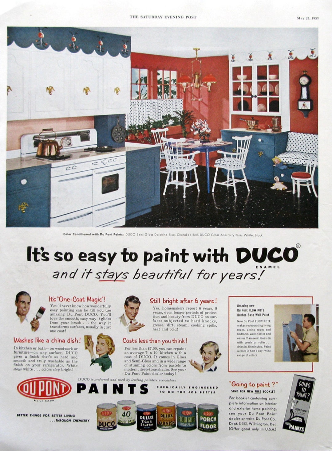1953 Duco Enamel Paint Ad, Red, White, Blue Farmhouse Kitchen Decor ...