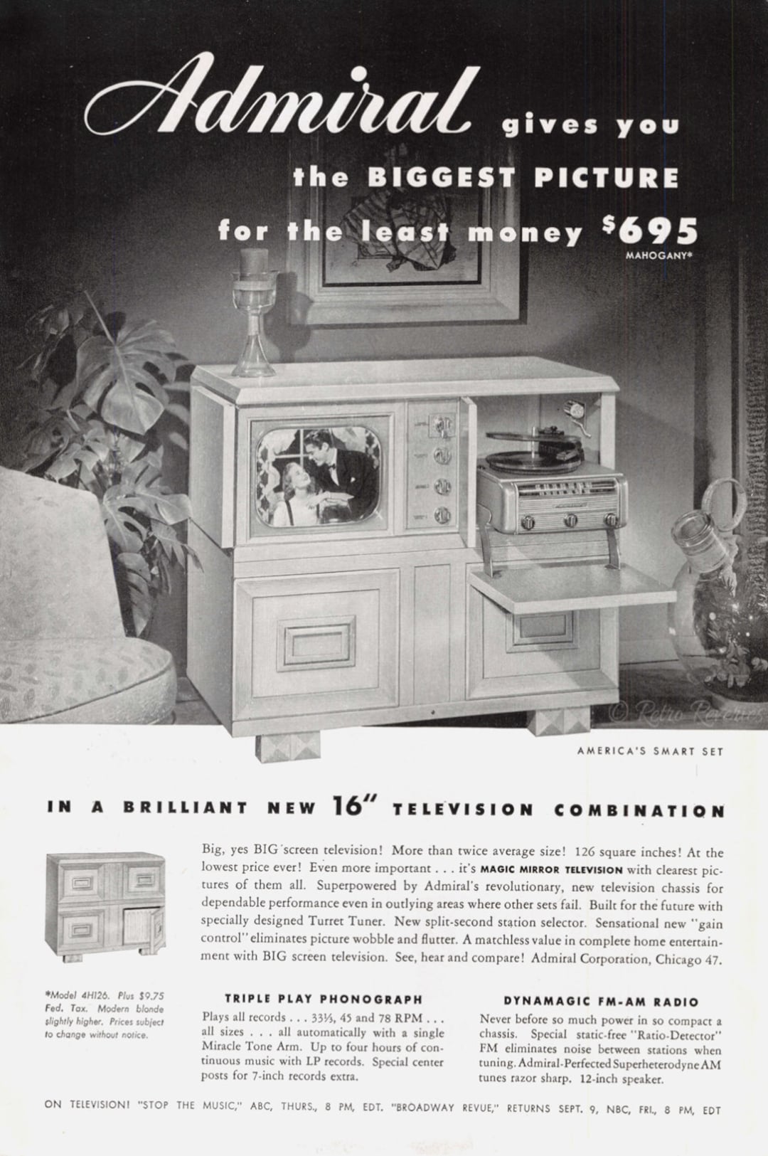 1949 Admiral Television Ad - Magic Mirror TV, Triple Play Phonograph ...