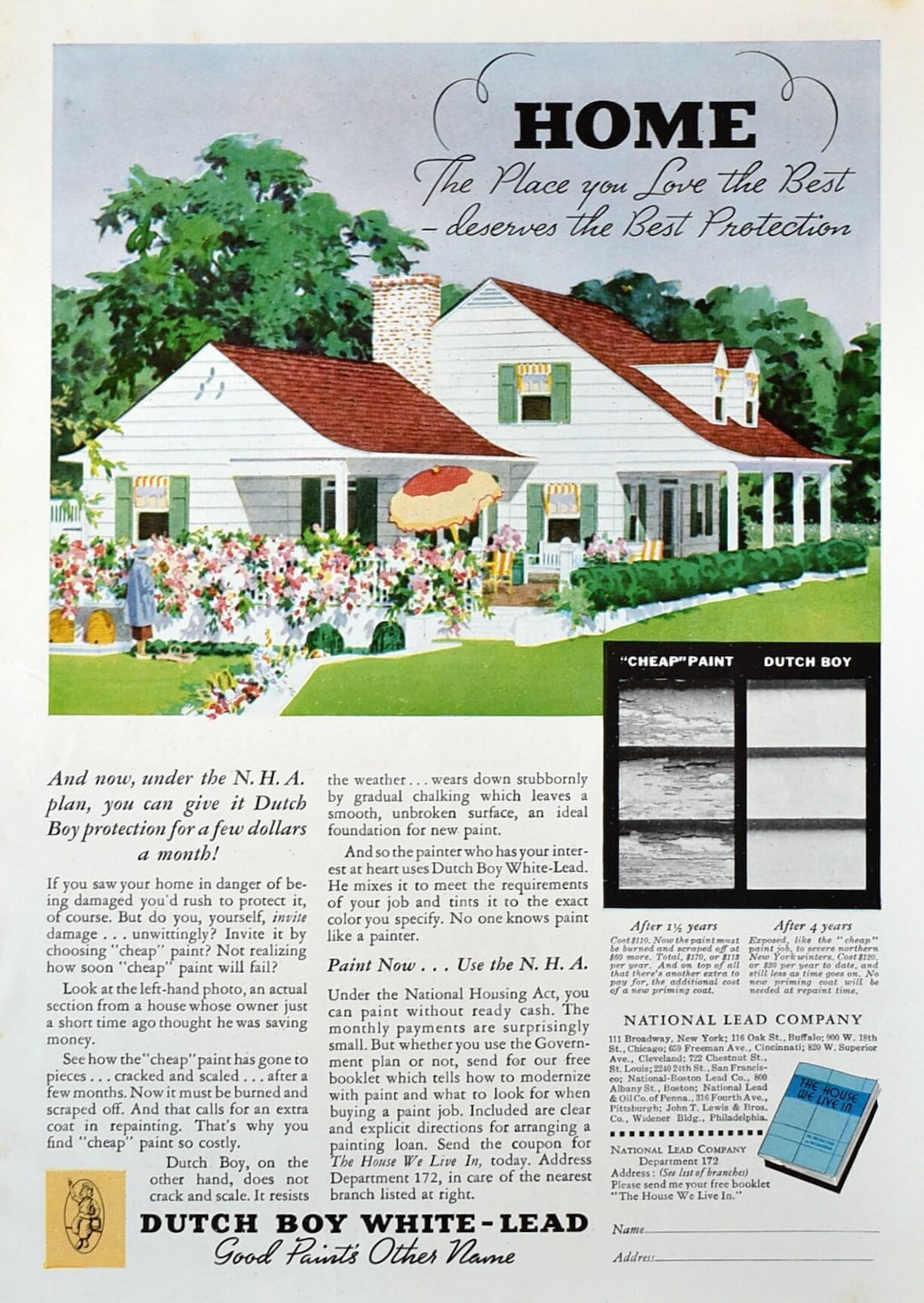 1935 Dutch Boy White Lead Paint Ad, 1930s House Ad, Colonial Revival ...