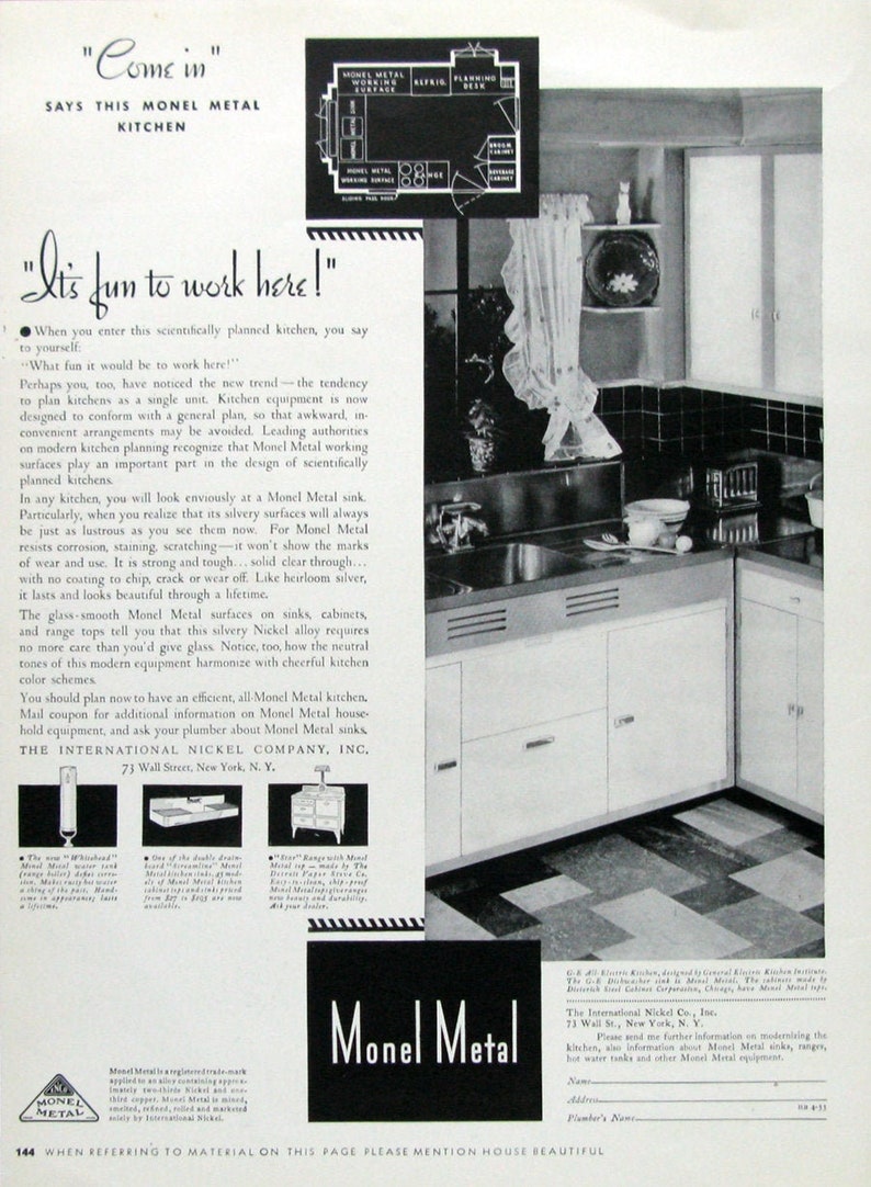 1933 Monel Metal Kitchen Ad 1930s Kitchen Design | Etsy