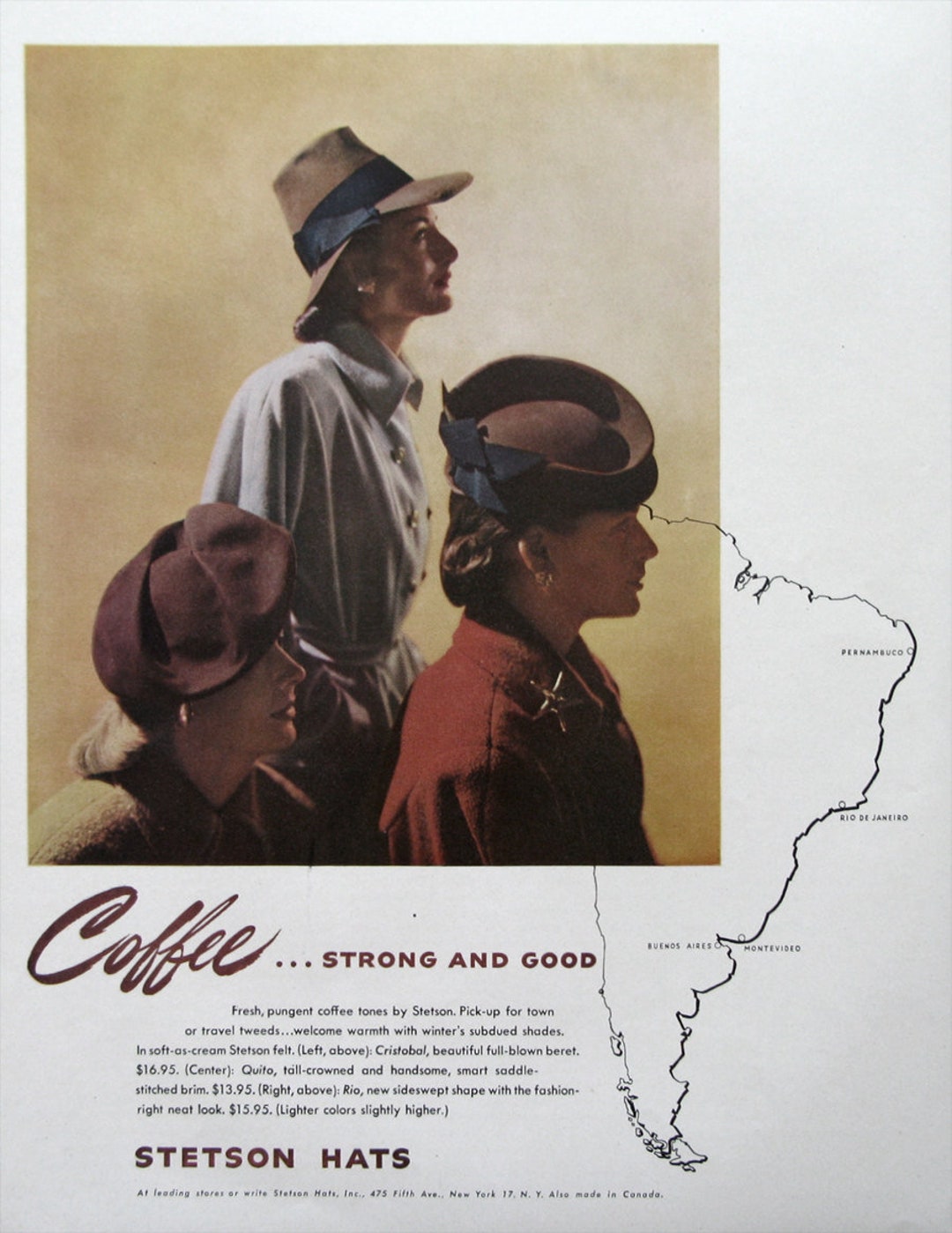 1946 Stetson Hats Advertisement, 1940s Fashion Ads, Gift for Hat ...
