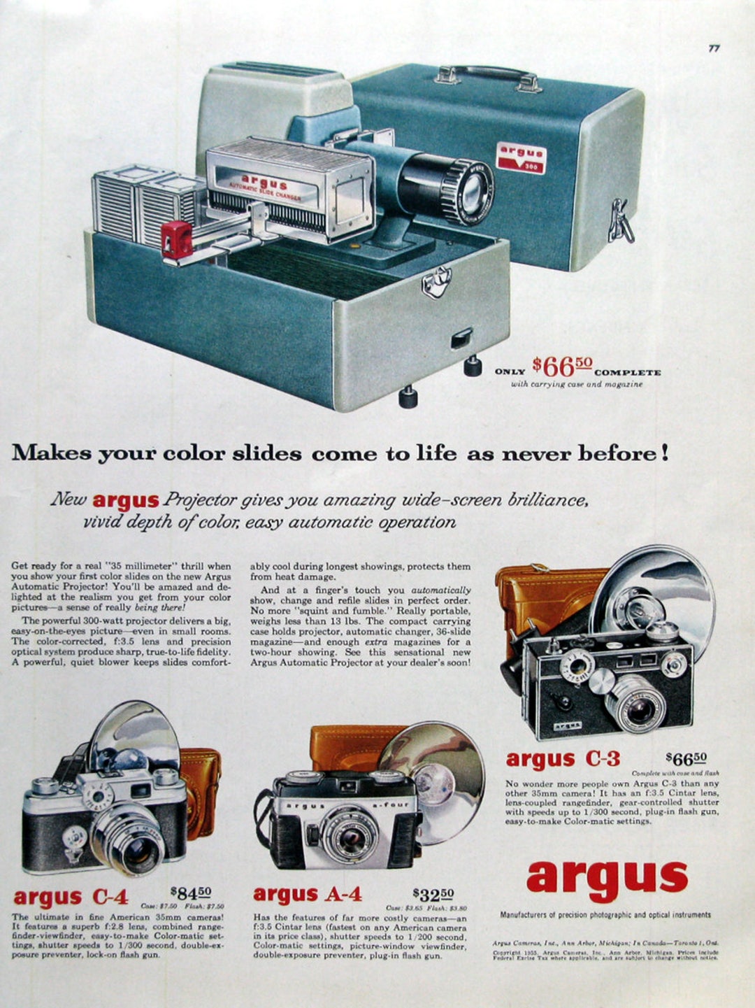 Vintage 1955 Argus Slide Projector Ad, 1950s Cameras, Gift for ...