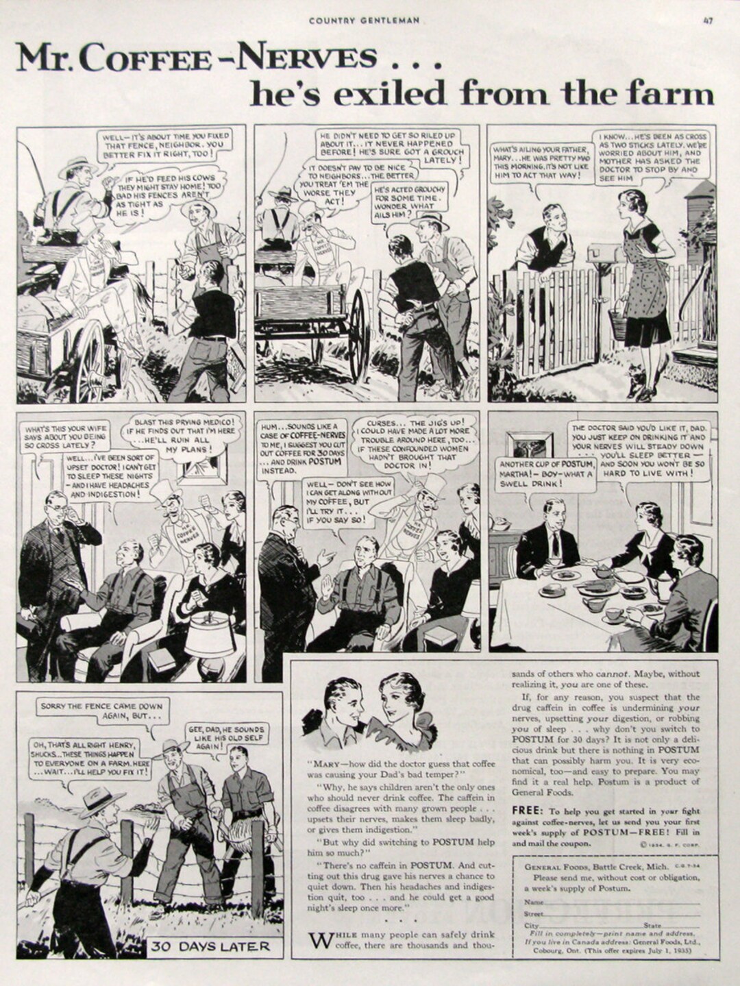 1934 Postum Drink Ad, Vintage Coffee Lover Gifts, Black and White ...