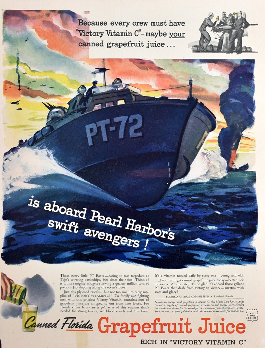 1943 US Navy PT-72 Motor Torpedo Boat WW2 Decor Florida Grapefruit ...