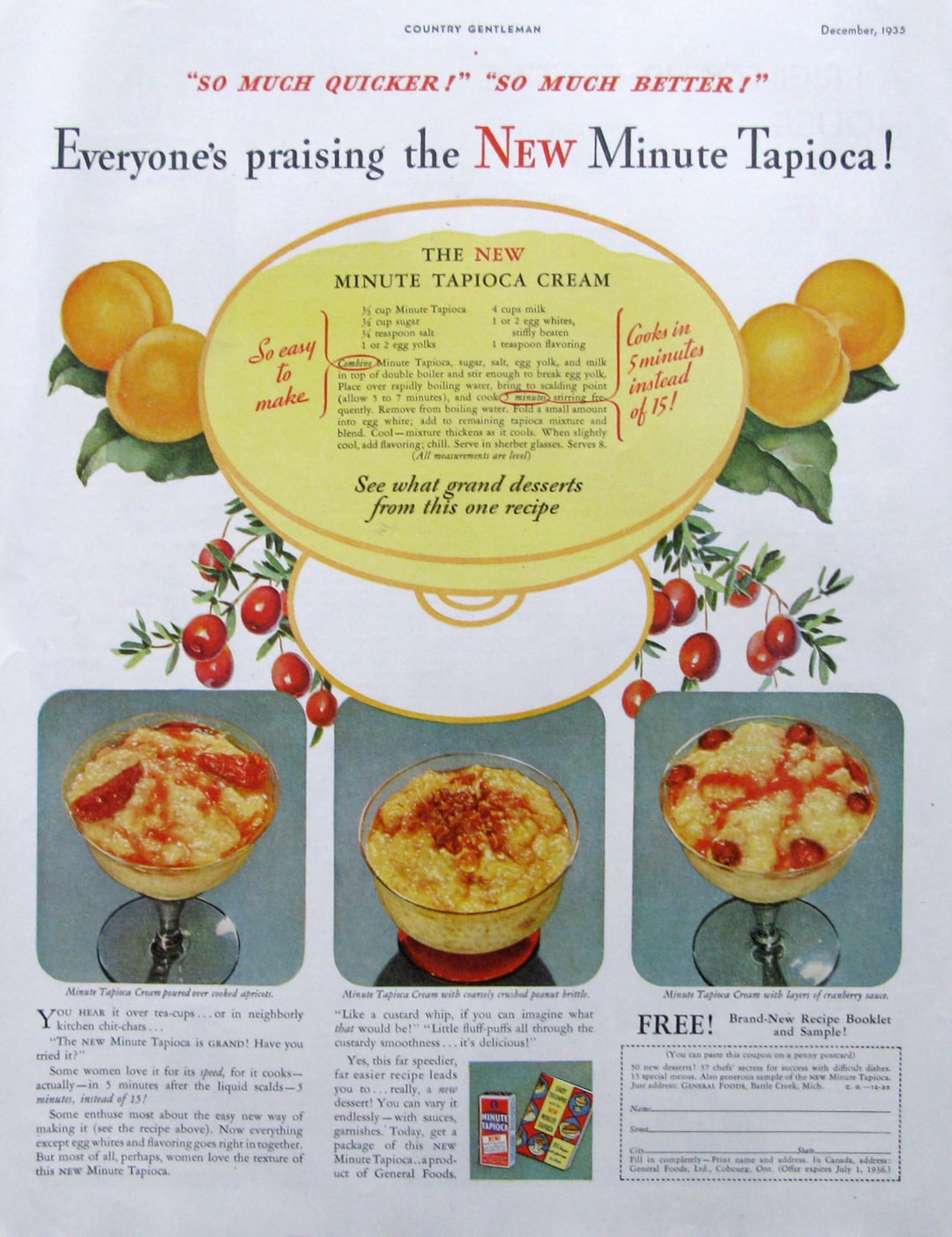 1935 Minute Tapioca Cream Vintage Dessert Ad, 1930s Farmhouse Style ...