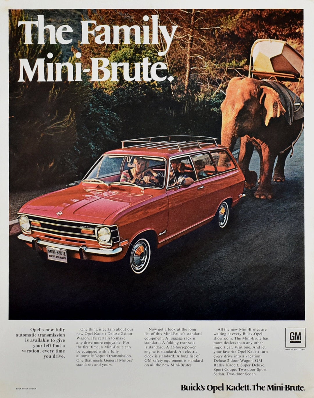 Vintage 1969 Opel Kadett Car Ad, Mini Brute Wagon, Elephant Towing a ...