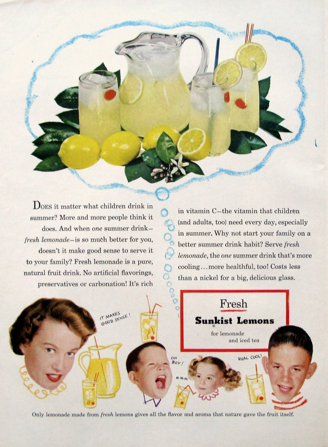 Vintage 1954 Sunkist Lemons Ad, Fresh Squeezed Lemonade, Retro 1950s ...