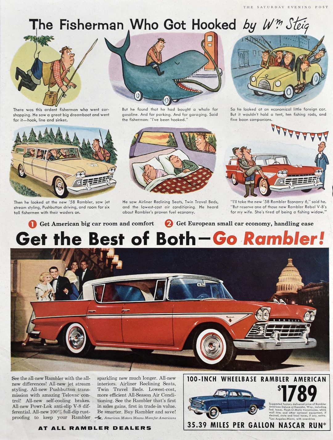 Vintage 1958 Ad for Rambler American Car, Funny Fishing Wall Decor ...