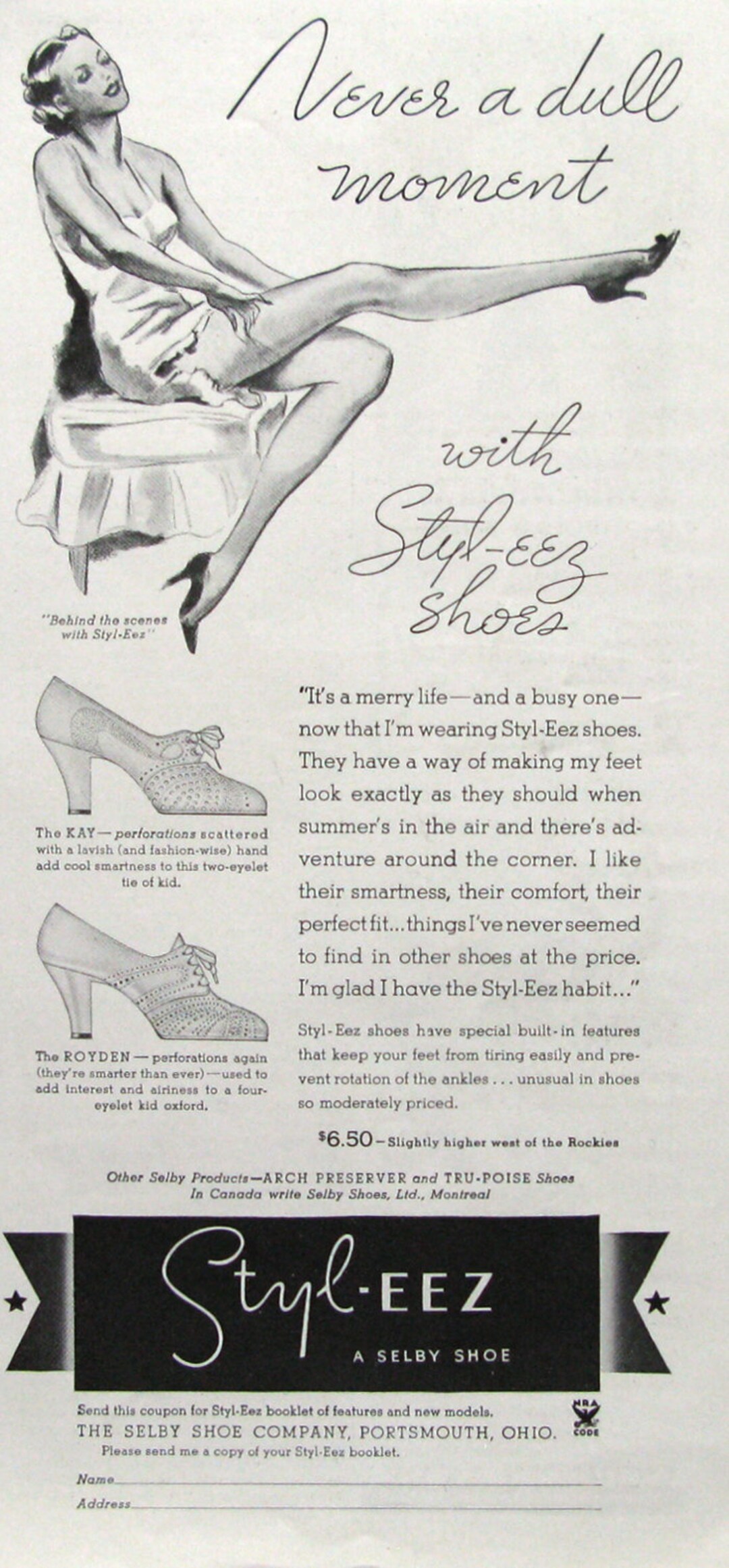 1935 Selby Styleez Shoes Ad Never a Dull Moment 1930s Powder Room Decor ...