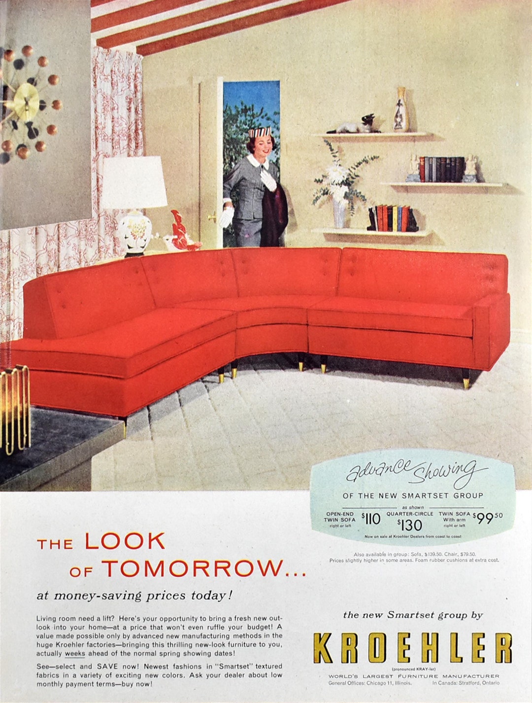 1956 Kroehler Furniture Ad Midcentury Modern Living Room With Red Sofa ...