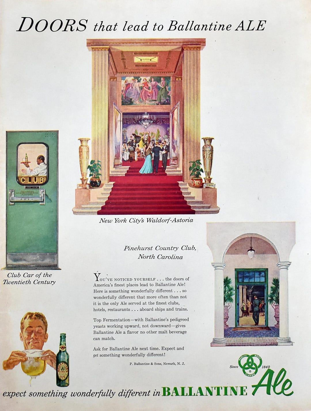1953 Ballantine Ale Vintage Ad, 1950s Waldorf Astoria Hotel, Pinehurst ...