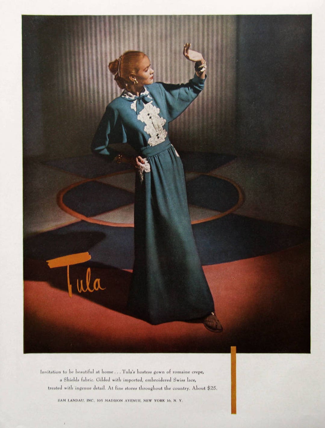 1946 Tula Hostess Dress, Vintage Fashion Ad, 1940s Woman, Vintage Print ...