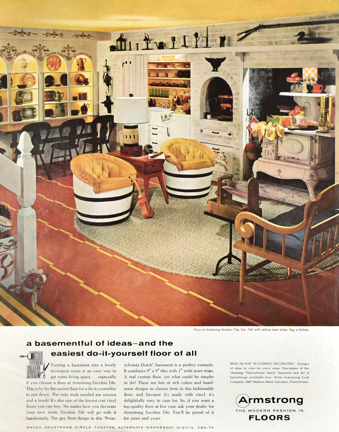 1958 Retro Basement Rec Room Decor Armstrong Excelon Tile Floor Ad ...