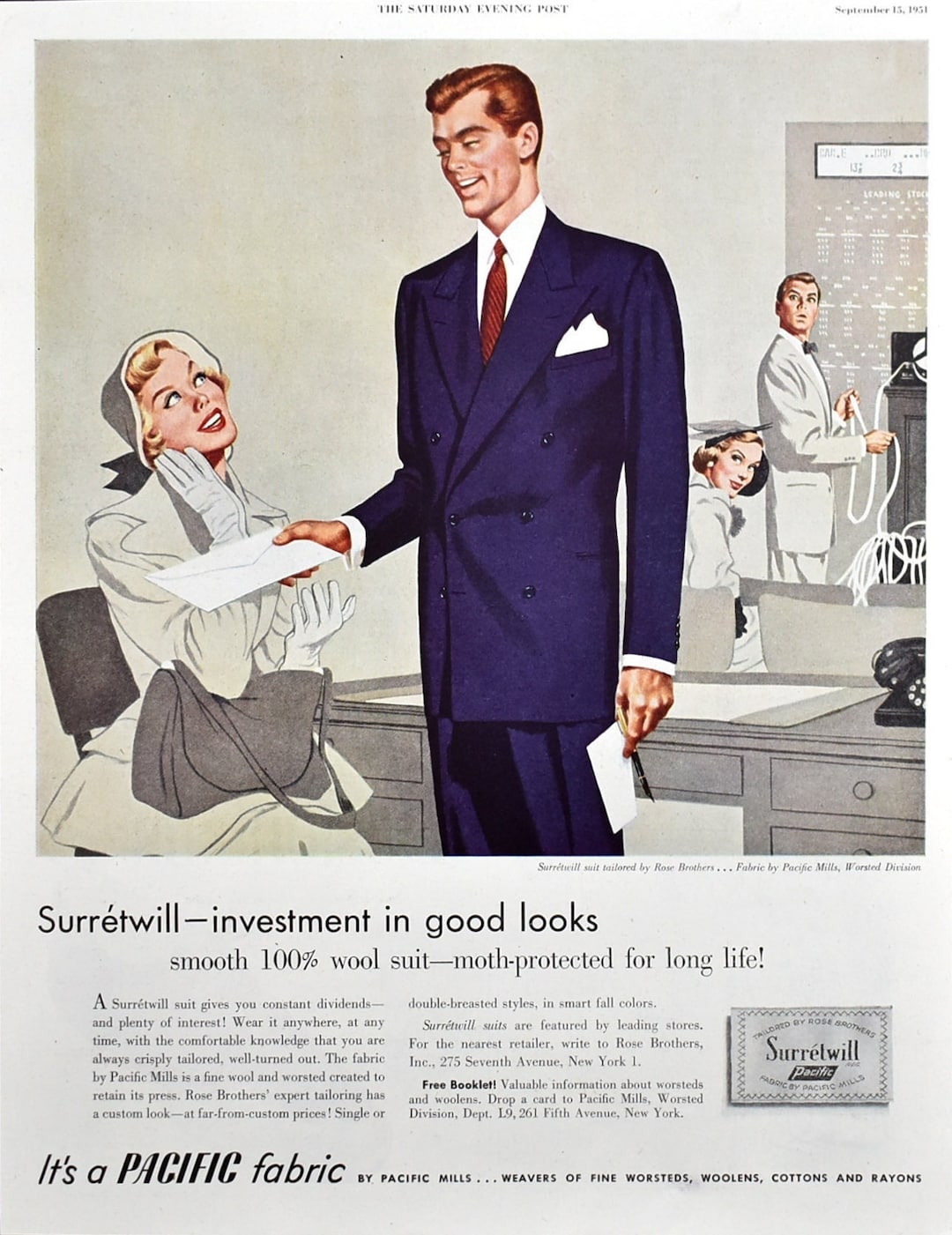 Vintage Ad 1951, Pacific Mills Men's Suit Ad, 1950s Stockbroker, Gift ...
