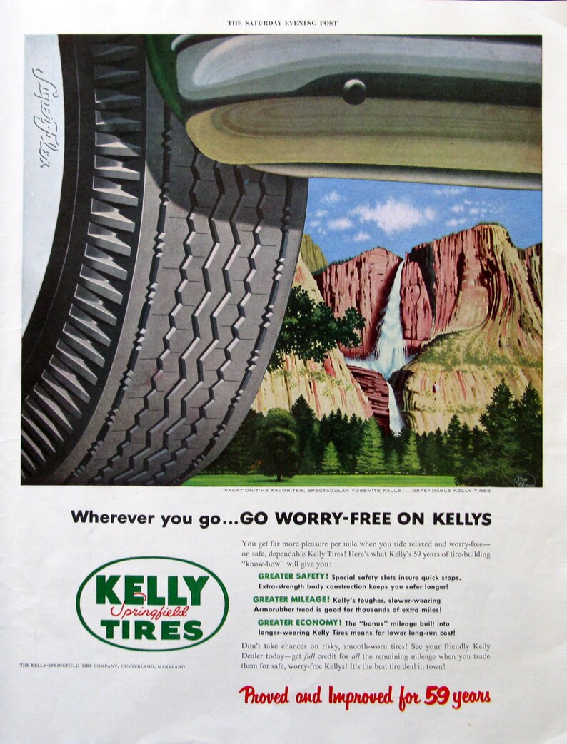 1953 Kelly Springfield Tires Ad Stan Ekman Art Yosemite | Etsy