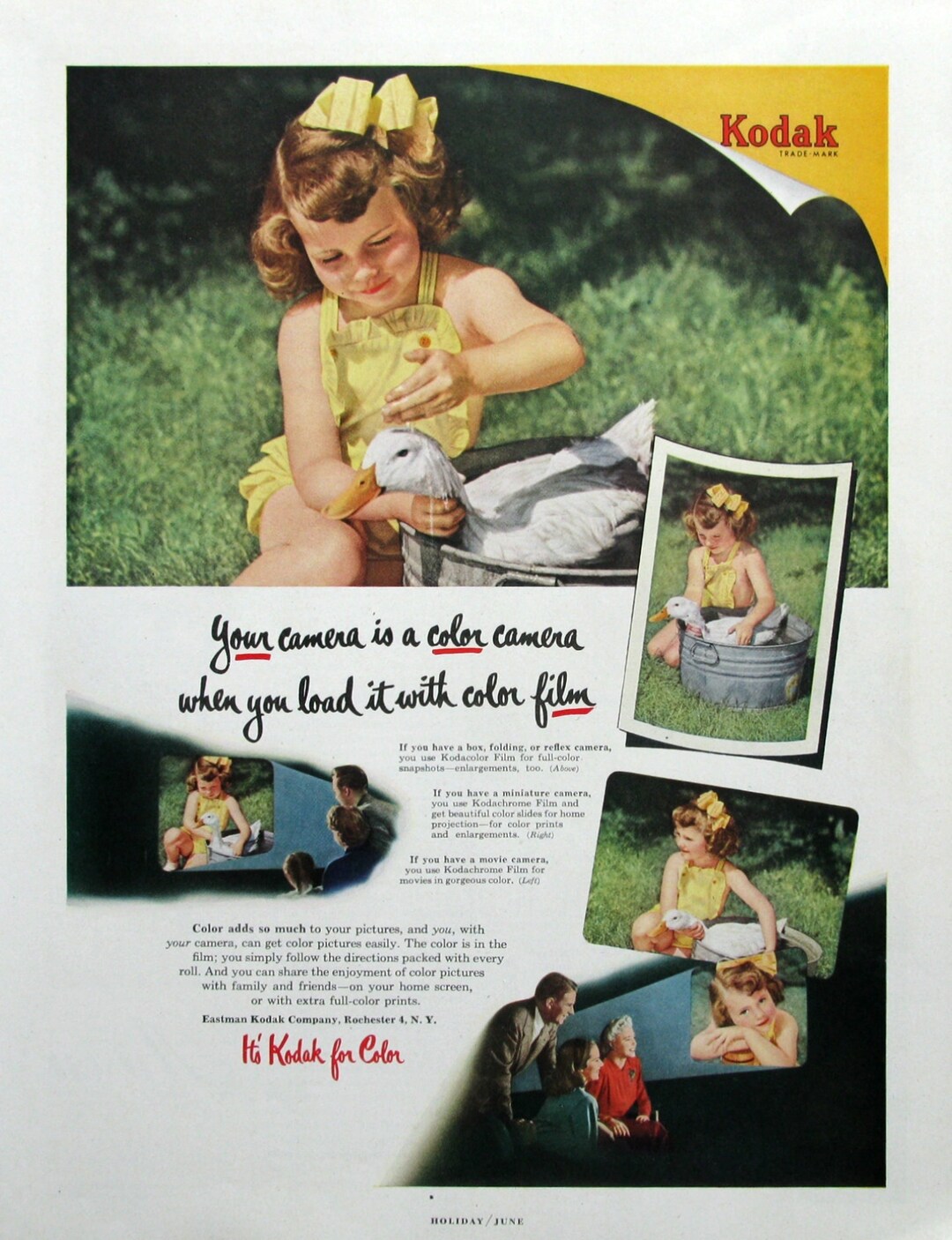 1951 Kodak Color Film Vintage Ad, 1950s Girl Playing With a Duck ...