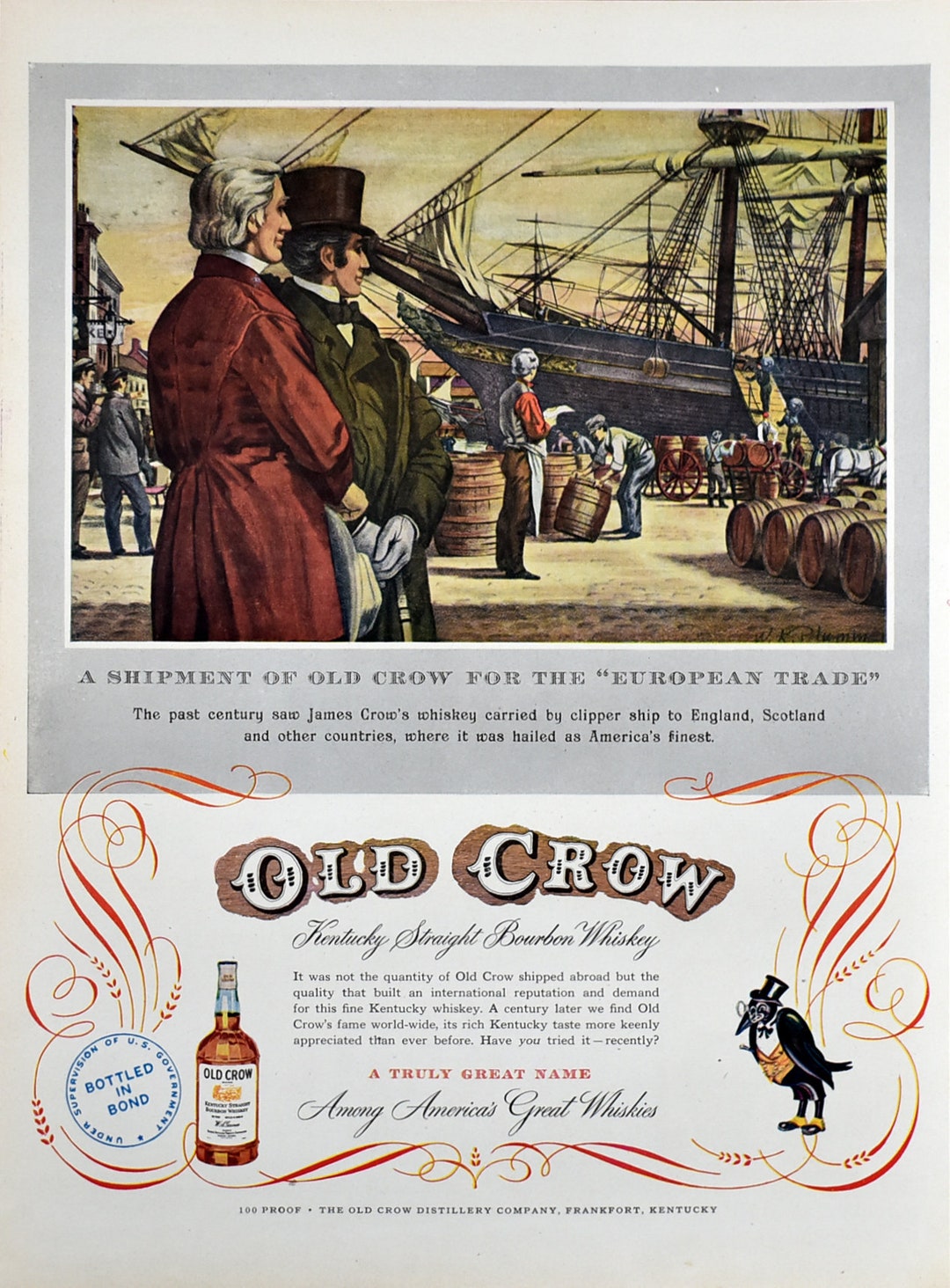 1951 Old Crow Whiskey, Vintage Print Ad, Boston Clipper Ship Wall Decor, Man Cave Wall Art ...