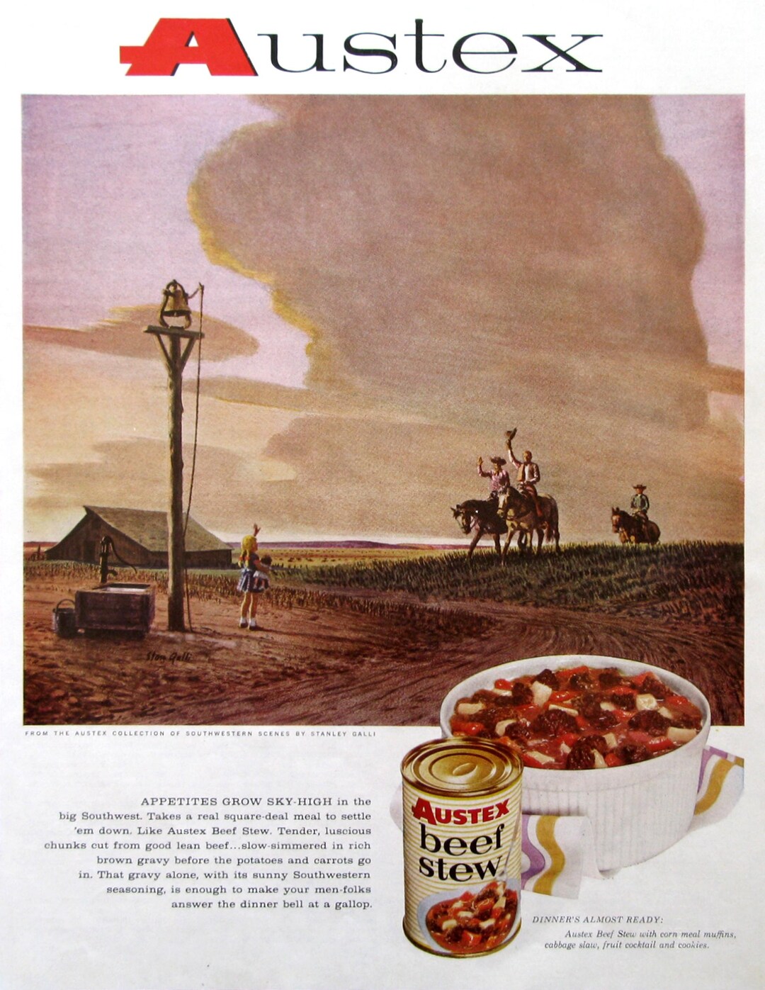 1960 Austex Beef Stew Ad, Stan Galli Art, Retro Cowboy Art Print ...