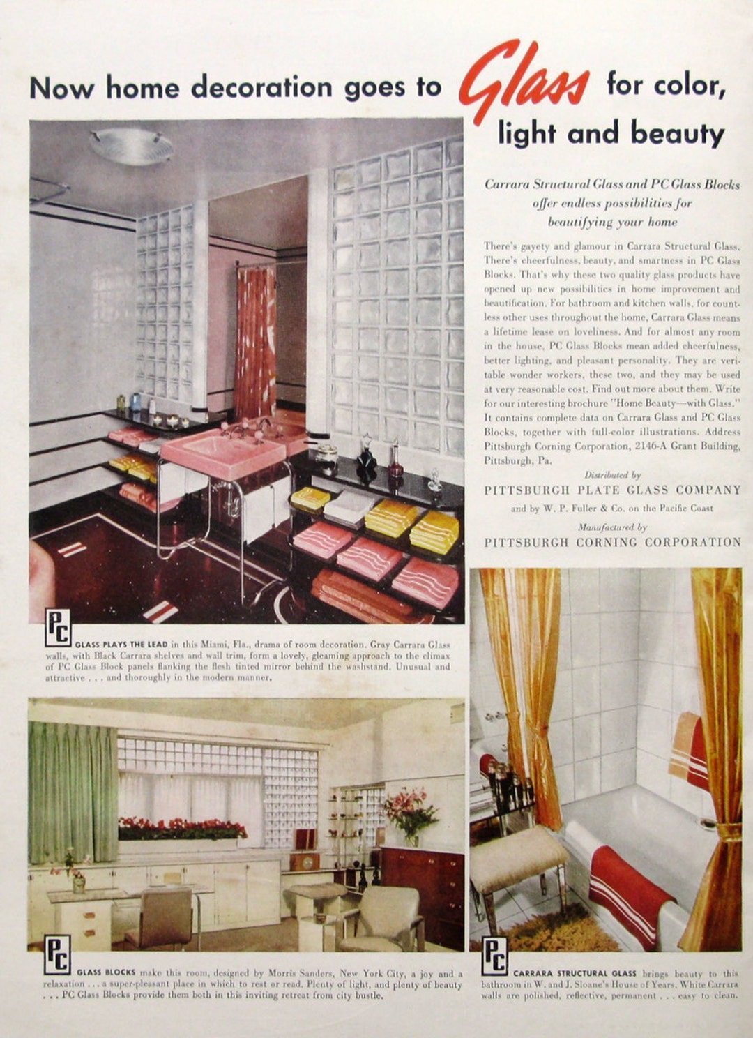 Vintage 1938 Pittsburgh Corning Plate Glass Ad, Retro Carrara Glass ...