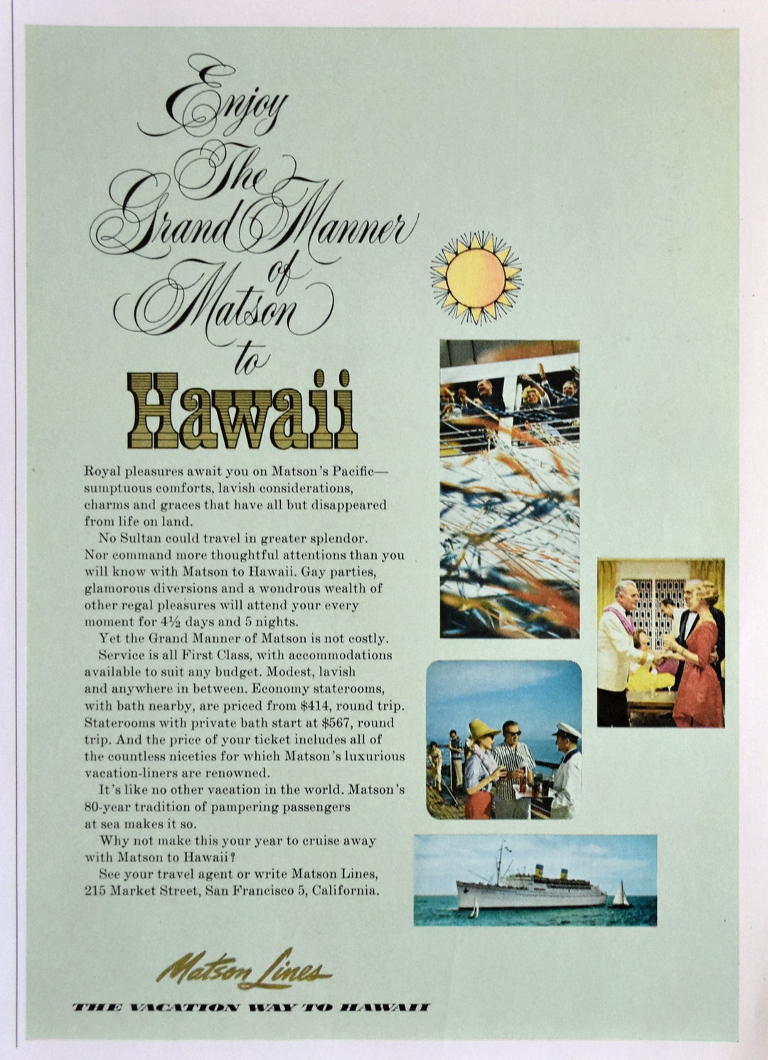 1963 Matson Lines to Hawaii Retro Cruise Ad, Vintage Travel Poster ...