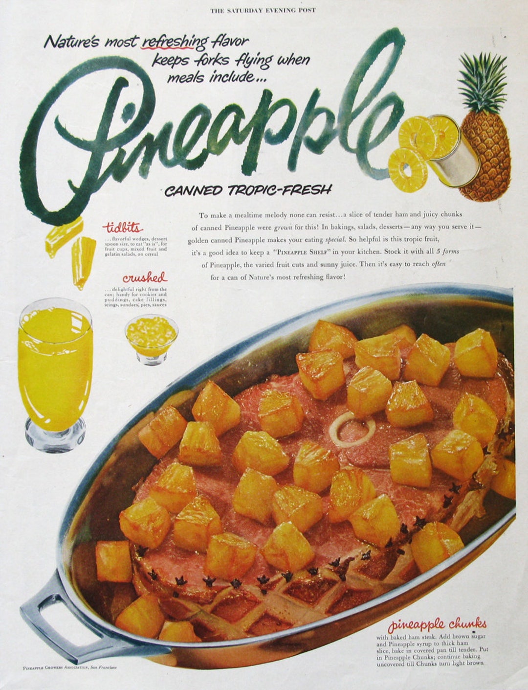 1954 Pineapple Ad, Retro Kitchen Art, 1950s Fruit Ads, Vintage Wall Art ...