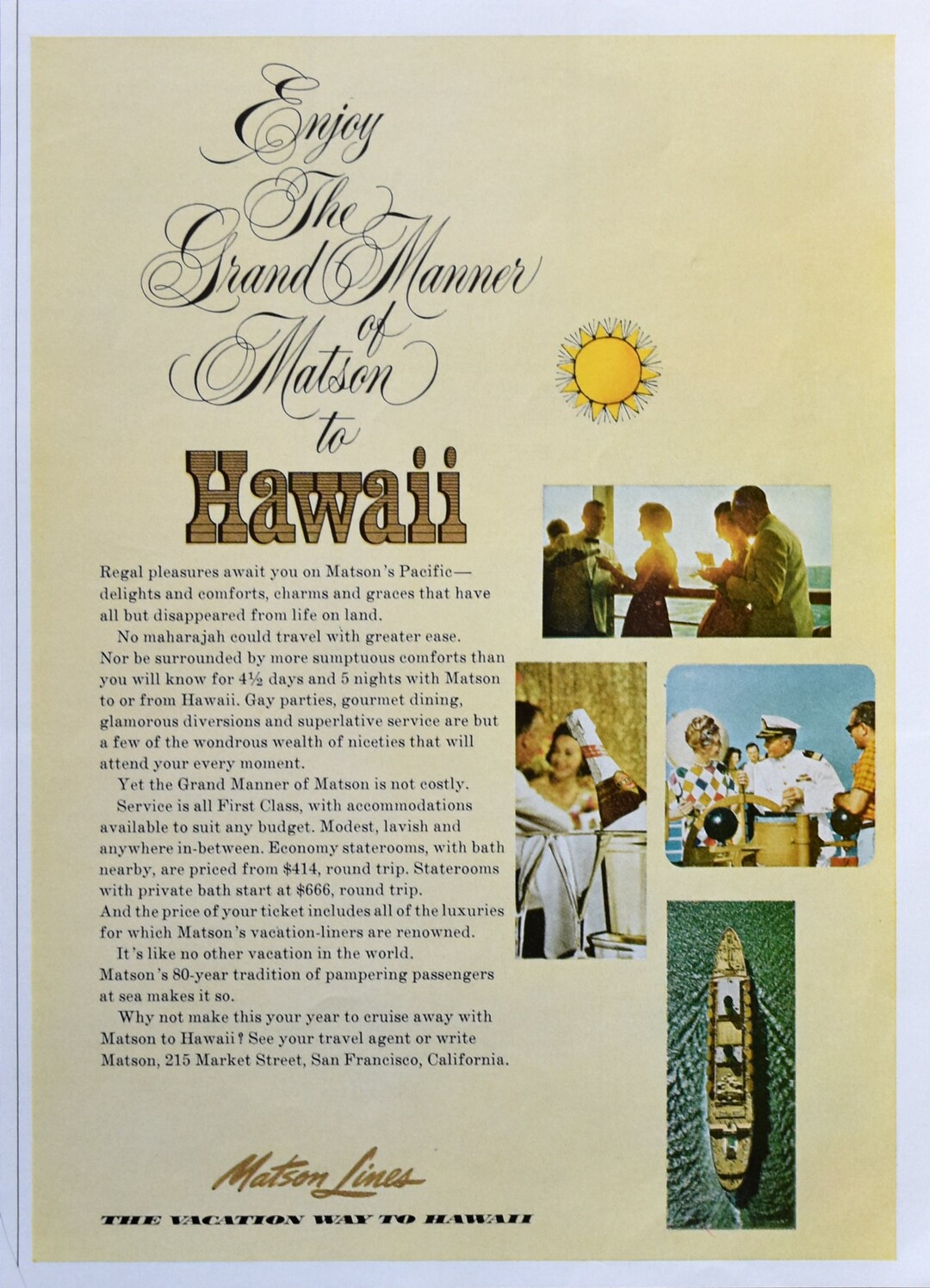 Vintage Ad 1963 Matson Lines Cruise to Hawaii, Retro Yellow Decor, 1960 ...