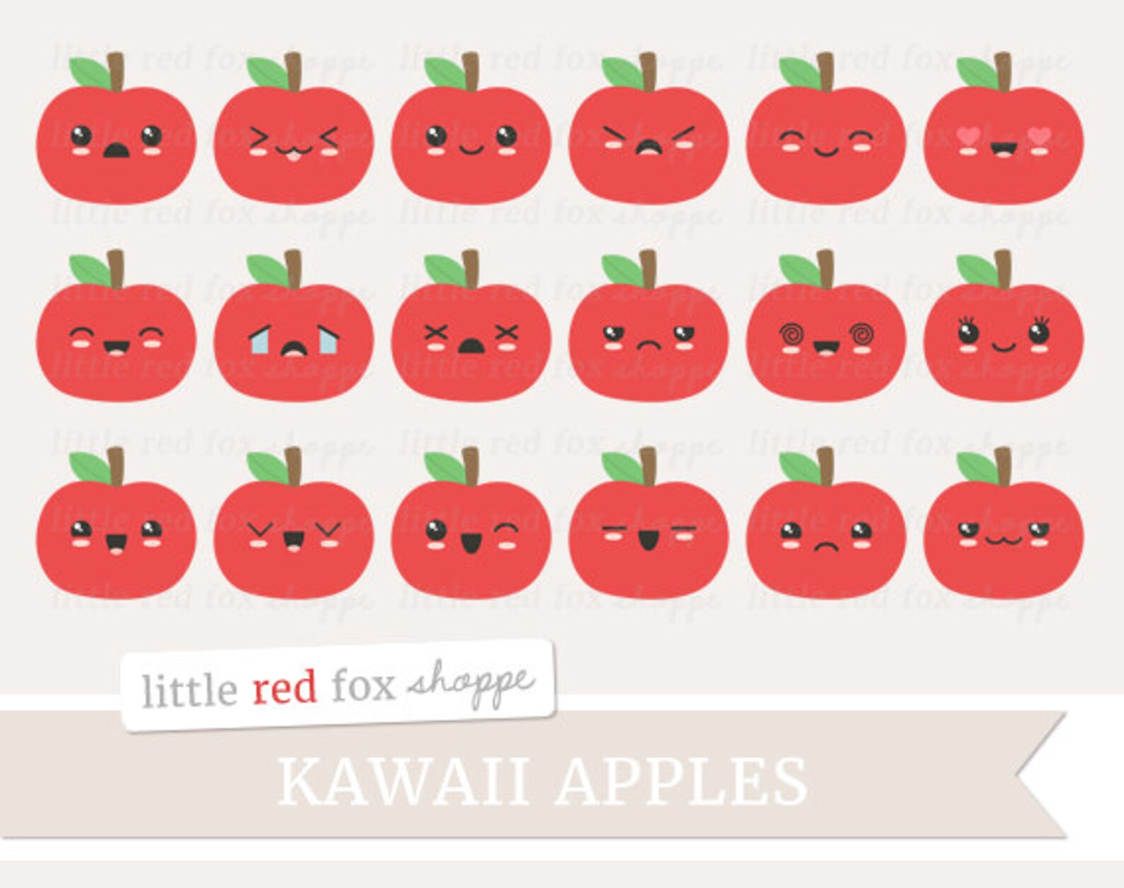 Kawaii Apple Clipart Fruit Clip Art Faces Happy Summer Food | Etsy