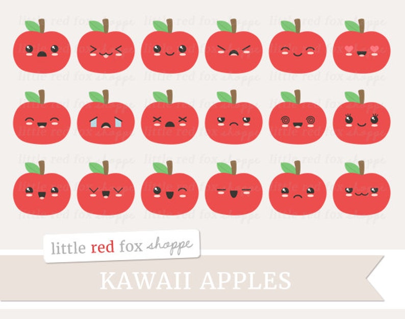 Kawaii Apple Clipart Fruit Clip Art Faces Happy Summer Food - Etsy