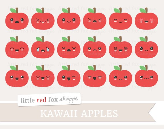 Kawaii Apple Clipart Fruit Clip Art Faces Happy Summer Food | Etsy
