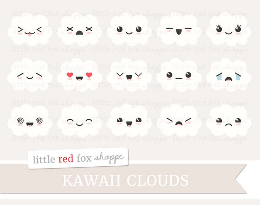 Kawaii Cloud Clipart, Weather Clip Art Faces Happy Fluffy White Clouds ...