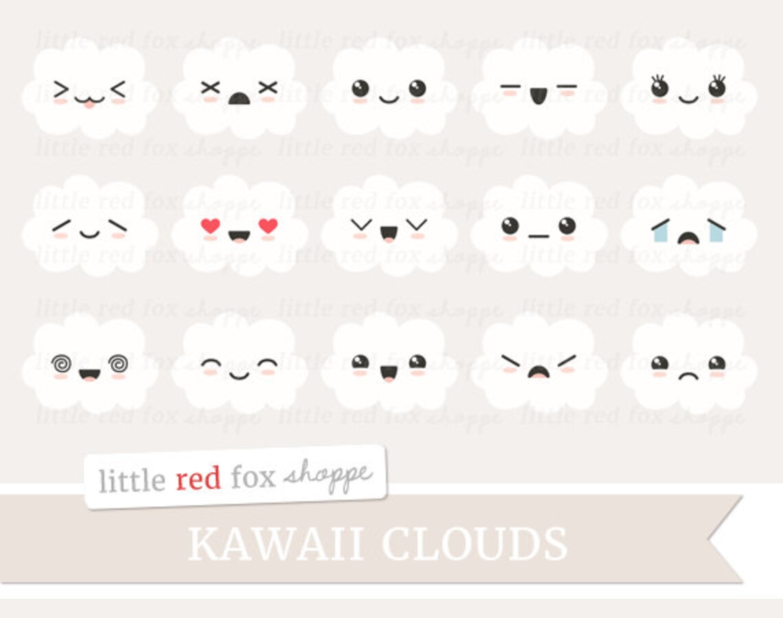 Kawaii Cloud Clipart Weather Clip Art Faces Happy Fluffy - Etsy